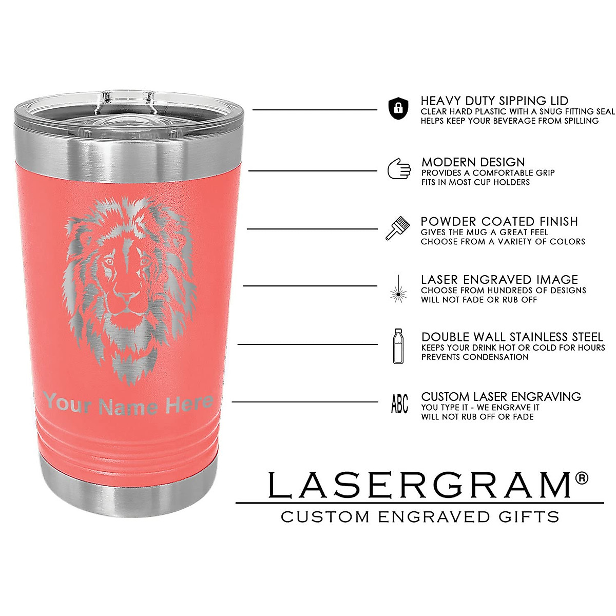 LaserGram 16oz Vacuum Insulated Pint Tumbler, Alien Head, Personalized Engraving Included (Coral)