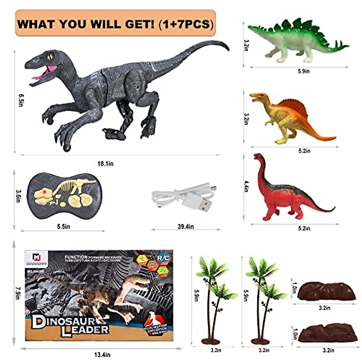 MAMABOO Remote Control Dinosaur Toys for Boys Kids Girls 3 4 5 6 7 8 Years Old Electronic RC Robot Toy LED Lightup Walking Roaring Velociraptor Jurassic Dino Rechargeable Raptor Blue Birthday Gifts