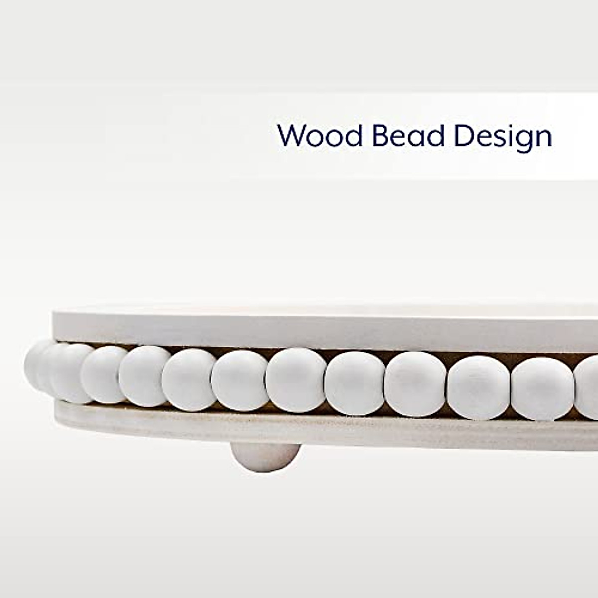 AuldHome Wood Beaded Tray (White), Decorative Farmhouse Style Oval Wooden Tray