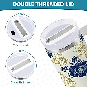 RPLIFE Blue and White Floral Tumbler Cup, Stainless Water Bottle, Water Tumbler with Straw