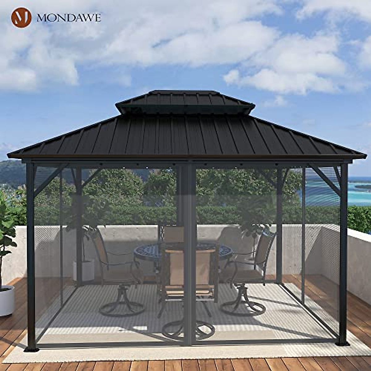 12' X 10' Aluminum Hardtop Gazebo with Nettings and Gutter Heavy Duty Outdoor Patio Double Roof Gazebo Pavilion Galvanized Steel Permanent Gazebo Canopy Grill Shelter for Backyard, Deck