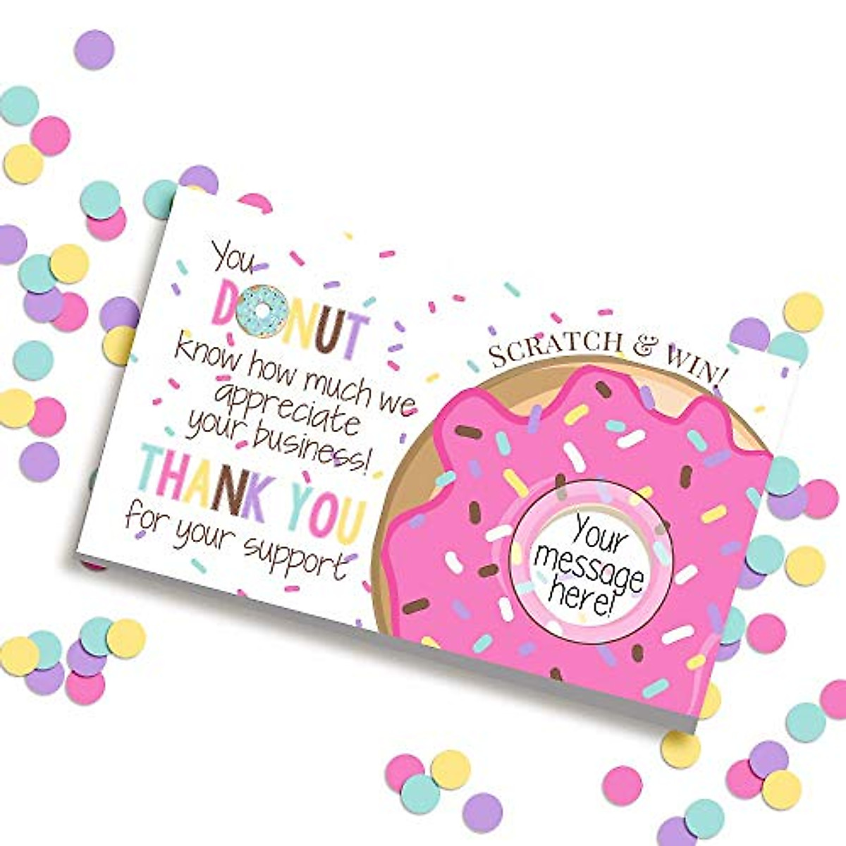 Donut Themed Scratch & Win Customer Appreciation Package Inserts for Small Businesses, 20 2" X 3.5” Single Sided Insert Cards with Scratch Off Stickers included by AmandaCreation