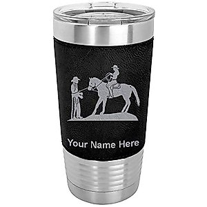 LaserGram 20oz Vacuum Insulated Tumbler Mug, Cowgirl Roping a Man, Personalized Engraving Included (Faux Leather, Black)