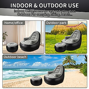 Ccinnoe Inflatable Couch with Armrest＆Ottoman, Blow Up Lounger Chair, Folding Lazy Sofa, Inflatable Furniture Without Pump for Camping, Fishing, Party, Beach, Sunbathing, Hiking (Black)
