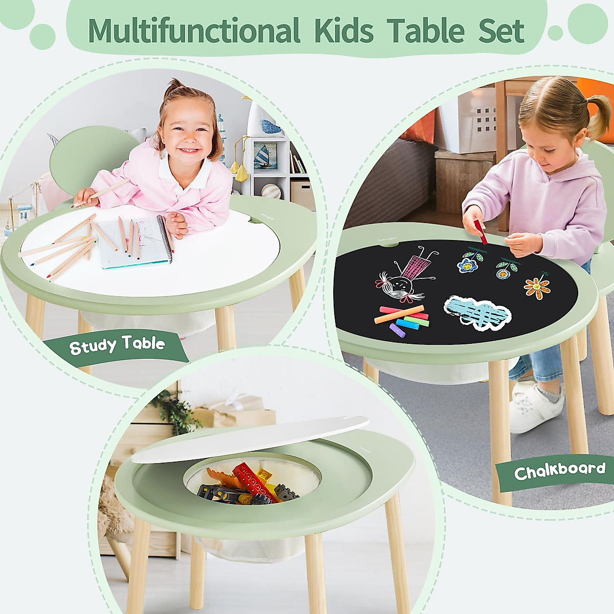 Beright Kids Table and Chairs Set, Kids Wooden Play Table with 2 Chairs, Kids Round Table for Toddlers, Suitable for Bedroom, Playroom and Kids' Room, with Removable Top Panel and Storage Bag, Green