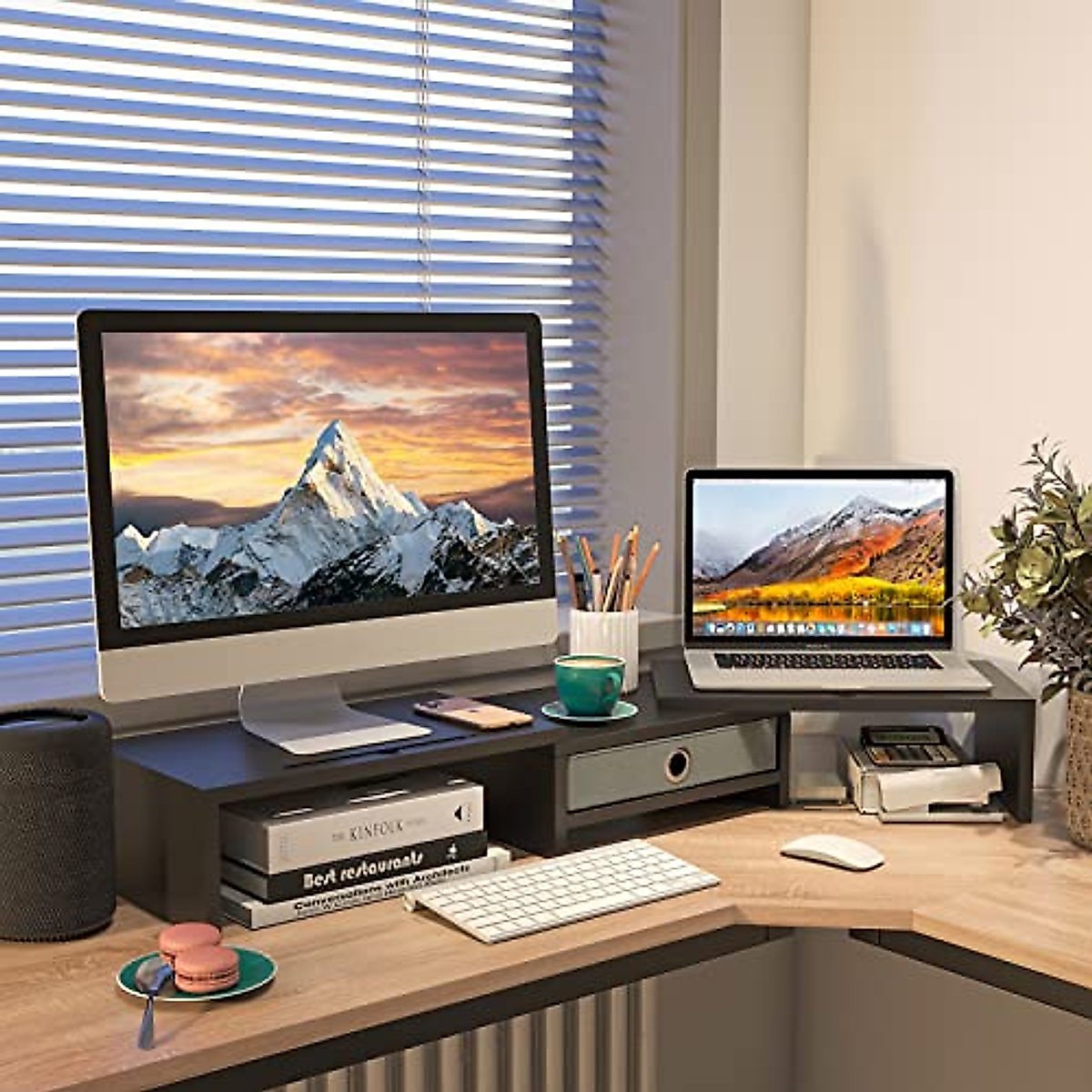 WESTREE Dual Monitor Stand Riser with Drawer, Monitor Stand Riser for 2 Monitors, Adjustable Length and Angle, 2 Solts for Phone & Tablet, Desktop Organizer Stand for Computer/Laptop/PC/Printer