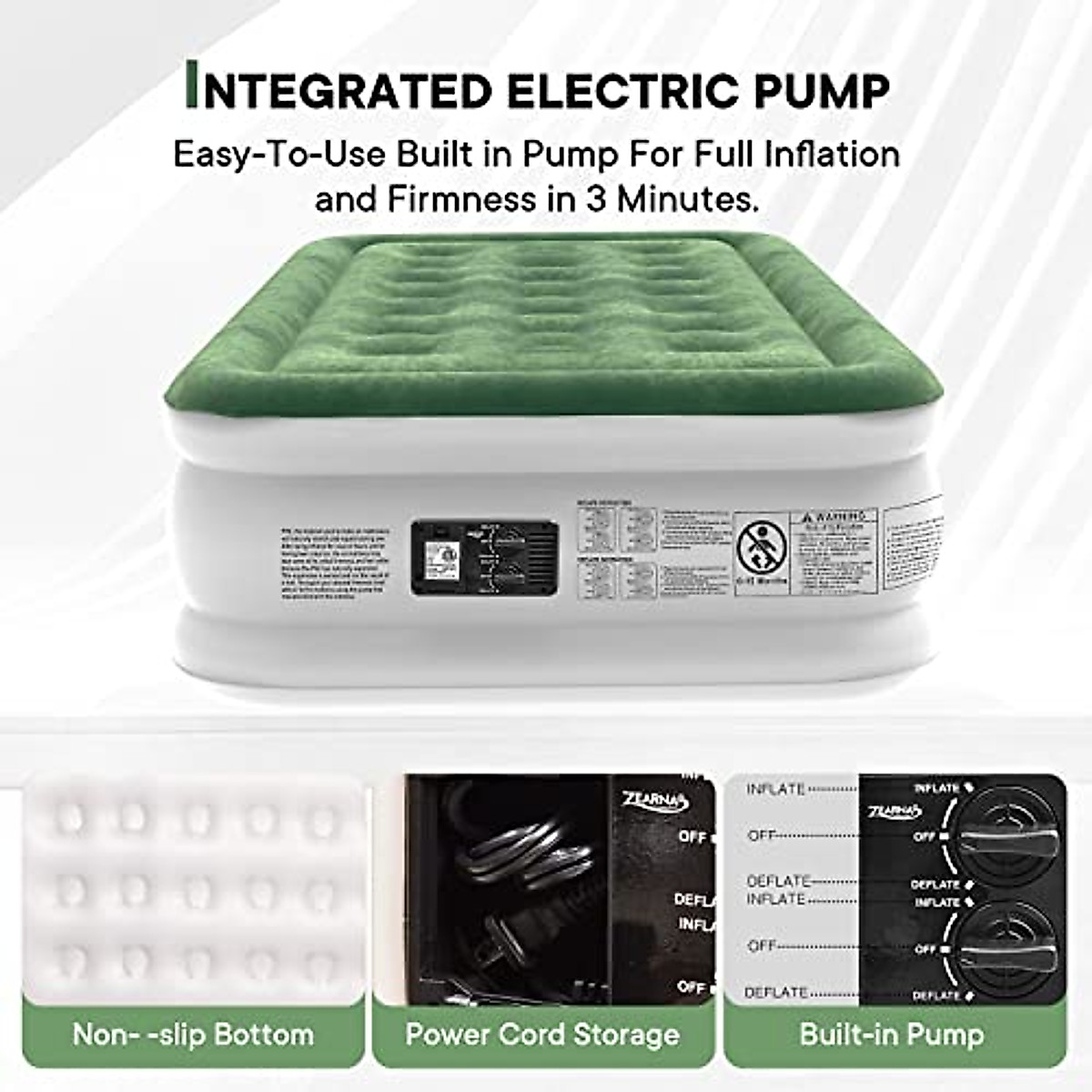 Zearna Twin Air Mattress with Built Pump, 16" Durable Blow Up Mattress Airbed, Comfortable Top Surface Inflatable Mattress for Camping Home & Portable Travel