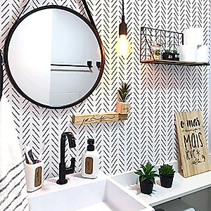 Orainege Black and White Peel and Stick Wallpaper Herringbone Contact Paper for Bathroom 17.7inch x 118.1inch Black Chevron Removable Wall Paper Peel and Stick Modern Geometric Self Adhesive Wallpaper
