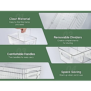 Kootek 4 Pack Clear Pantry Organization and Storage Bins, Freezer Organizer Bins Stackable Food Storage Organizer Bins with Handles Removable Dividers for Kitchen, Refrigerator, Cabinet