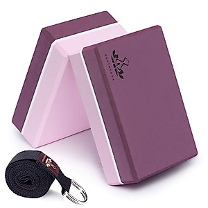Heathyoga Yoga Blocks 2 Pack with Strap, High Density EVA Foam Yoga Block and Yoga Strap Set to Support and Improve Poses and Flexibility (Purple)