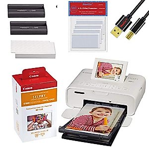 Canon SELPHY CP1300 Wireless Compact Photo Printer (White) RP-108 Color Ink Paper Set (108 Sheets of 4 x 6 Paper) + NeeGo Printer Cable + NeeGo Print Protector (100 Pack)