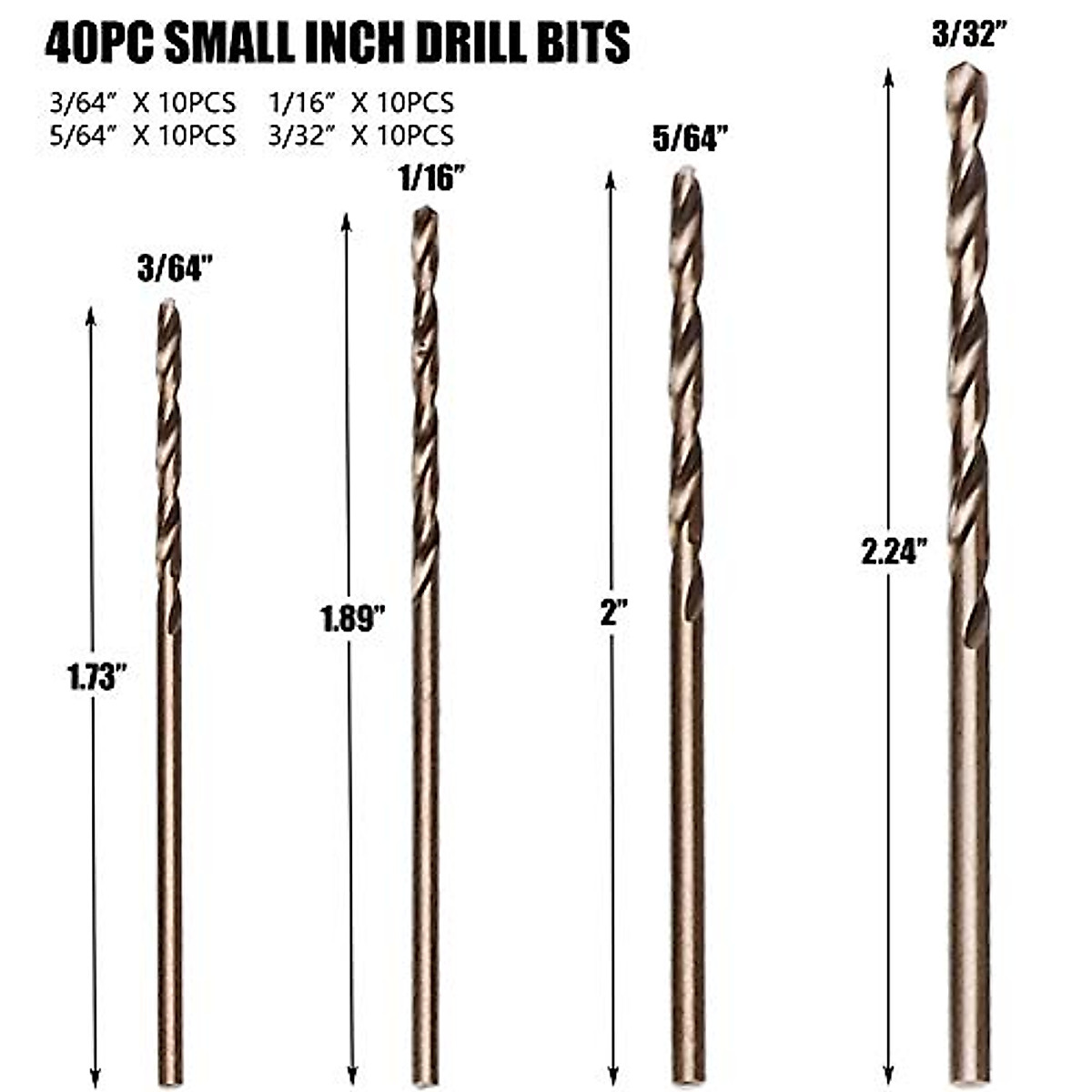 Hymnorq 40PC M35 Cobalt Steel Twist Jobber Small Drill Bits, 4 Sizes 3/64 Inch 1/16 Inch 5/64 Inch and 3/32 Inch, 135 Degree Pilot Split Point, Extremely Heat Resistant, for Stainless Steel