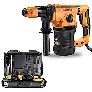 1-1/4 Inch SDS-Plus 12.5 Amp Heavy Duty Rotary Hammer Drill 4 Functions W/Vibration Control Safety Clutch Includes Drill Chuck& Key, Grease, Flat& Point Chisels, 5 Drill Bits, Gloves, Carrying Case