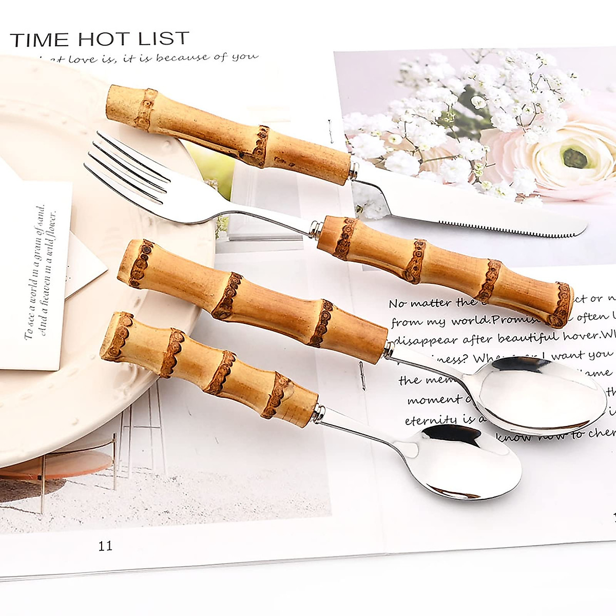 Snplowum 24-Piece Bamboo Flatware Set, Silver Stainless Steel Tableware Set With Cutlery Holder, Kitchen Utensils For Home And Restaurant Daily Use, Mirror Polish, Service For 6