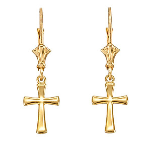 Mini Rounded Cross Dangle Earrings in Polished 14k Yellow Gold