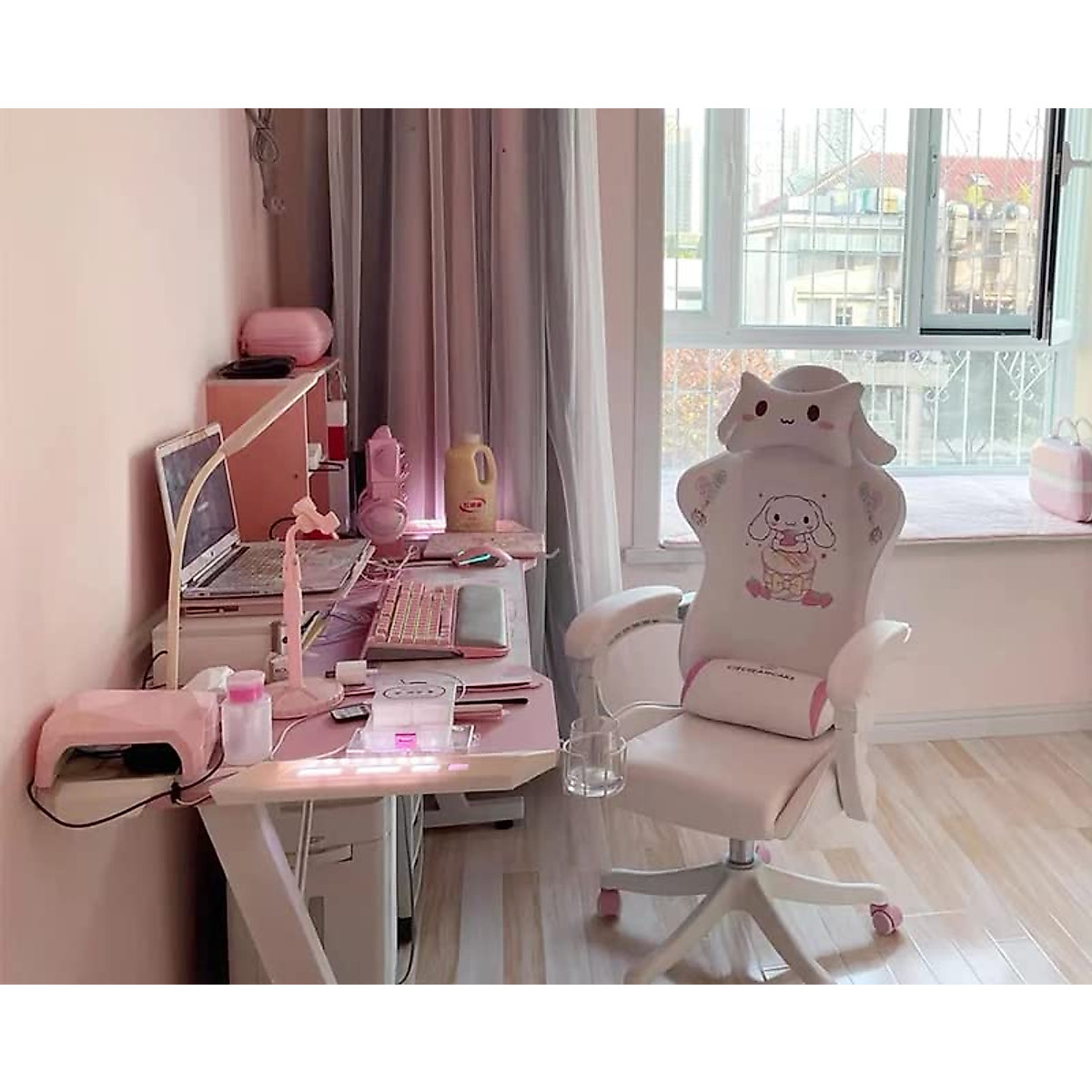 Cinnamoroll Pink Gaming Chair for Kids, Cartoon Gamer Chair for Teens Adults Computer Chair for Girls Video Game Chairs Silla Gamer Ergonomic PC Chair（Pink-White）