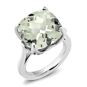 Gem Stone King 925 Sterling Silver Green Prasiolite Engagement Ring For Women (9.72 Cttw, 14MM Cushion Checkerboard, Size 7)
