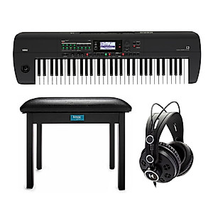 Korg i3 61-Key Music Workstation (Matte Black) Bundle with Knox Gear Flip-Top Bench (Black) and Studio Headphones (3 Items)