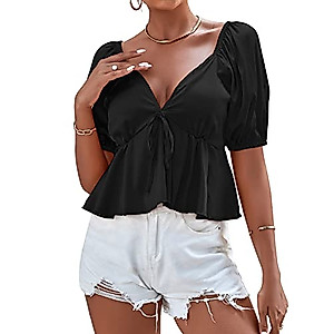 LYANER Women's Satin Deep V Neck Puff Short Sleeve Tie Front Ruffle Hem Blouse Crop Peplum Top Black Medium