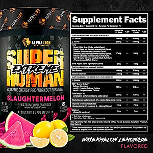 ALPHA LION Superhuman Extreme, Extreme Energy Pre-Workout Formula, Intense, Sustained Energy and Focus, Elevated Nitric Oxide, Maximum Pumps & Nutrient Delivery (21 Servings, Slaughtermelon)