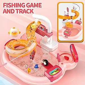 LEWANT Play Sink with Running Water, Kids Kitchen Sink & Fishing Playset with Electric Faucet, Toy Kitchen Accessories, Play Food, Pretend Role Playset for Toddler Girls Birthday Gifts