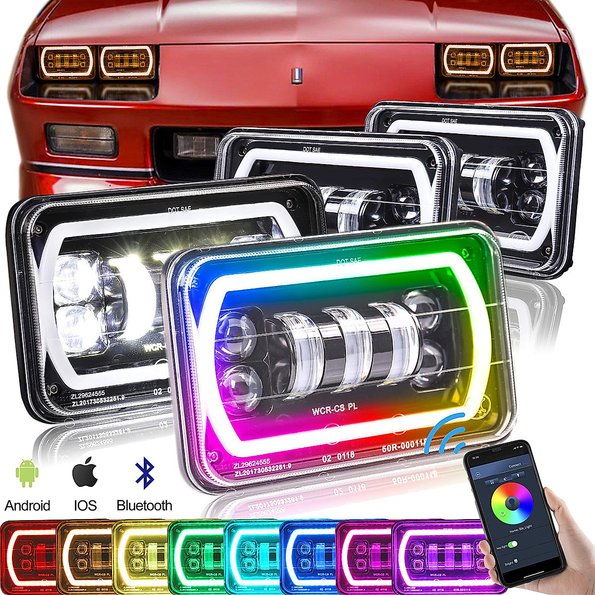 SEUYA 4x6 LED Headlights with RGB Halo Ring Music Mode Replacement H4651 H4652 H4656 H6545 Truck Chevrolet Kenworth Oldsmobile Ford Peterbilt