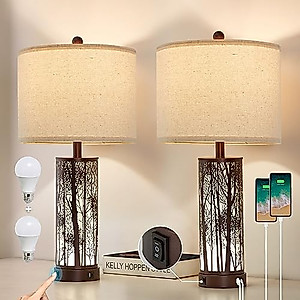 YUNHONG Set of 2 Industrial Table Lamp with USB Ports,Touch Control 3-Way Dimmable Bedroom Lamp, Tree Lamp with White Shade, Brown Metal Forest Lighting for Gothic Bedroom Decor