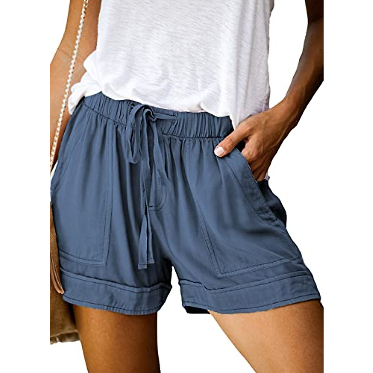 Dokotoo Womens 2023 Fashion Comfy Holiday Beach Drawstring Casual Summer Elastic Mid Waist Shorts with Pockets Blue Large
