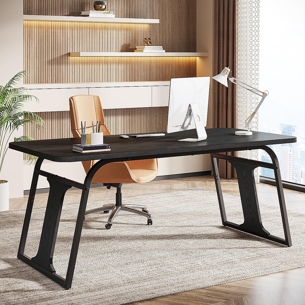 Tribesigns 63-Inch Home Office Desk, Modern Executive Desk with Sturdy Metal Legs, Large Computer Office Desk Workstation, Wooden Writing Table for Home Office, Black
