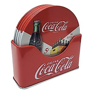 The Tin Box Company Coke 6 pc Coaster Set with Standing Metal Holder, Red