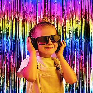 2 Packs Rainbow Backdrop Neon Metallic Tinsel Foil Fringe Curtain Photo Booth Props for Birthday Gay Pride Day Bachelorette Wedding Engagement Bridal Shower Baby Shower Disco Party Decorations