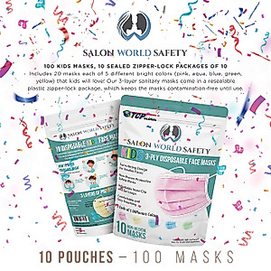TCP Global Salon World Safety - Kids Face Masks 100 Pk 3-Ply Protective PPE (5 Colors, 20 Each)