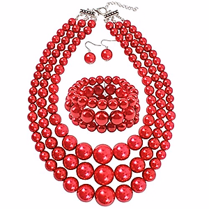 KOSMOS-LI Large Pearl Jewelry Set 3 Layer Simulated Red Pearl Women's Statement 18" Necklace Bracelet and Earrings