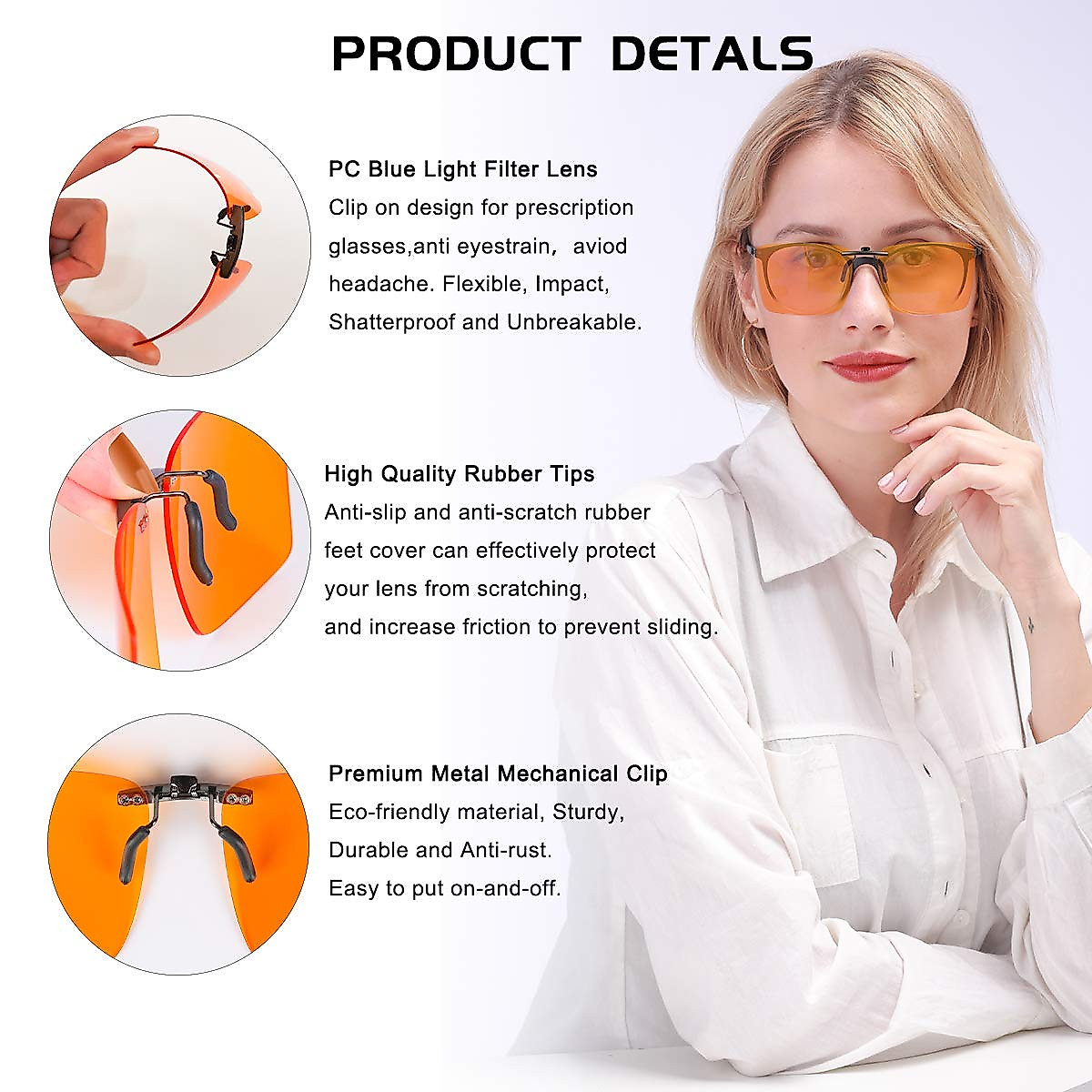 FONHCOO Clip-on Blue Light Blocking Glasses Womens Mens 2 Pack over Prescription Glasses Framless Lens Anti Eyestrain Headaches UV Filter Computer Gamer Eyeglasses