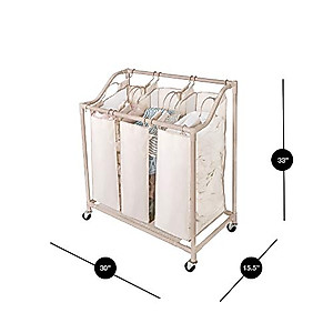 Smart Design Deluxe Rolling Triple Compartment Laundry Sorter Hampers with Wheels - Holds 6 Loads - Sturdy Steel Metal Frame - Clothes and Laundry - Home Organization - 30 x 32 Inch - Beige