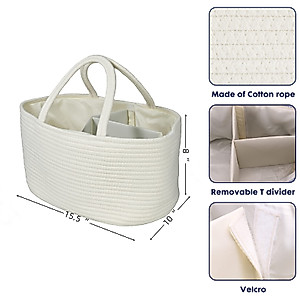 Large Baby Diaper Caddy Organizer for Girl Boy Rope Nursery Storage Bin Basket Portable Holder Tote Bag for Changing Table Car Travel Baby Shower Gifts Newborn Essentials Registry Must Haves White