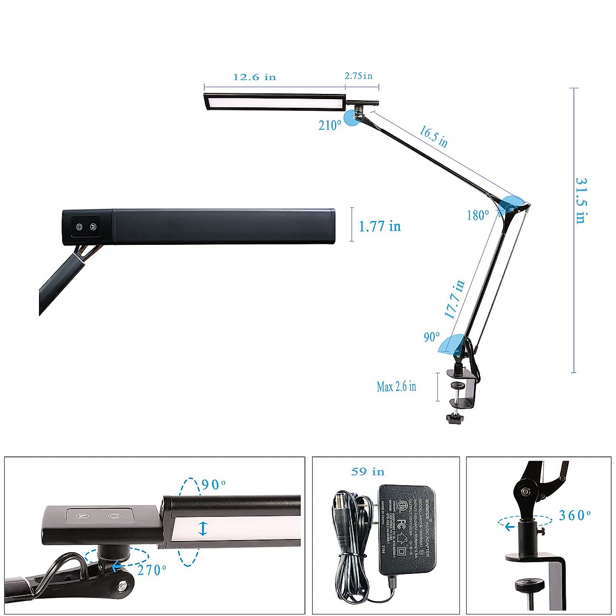 Tedgor LED Desk Lamp, Architect Task Lamp, 12W Eye-Caring Metal Swing Arm Dimmable Drafting Table Lamp with Clamp,Touch Control Desk Lamp, Study Reading Work Office Workbench