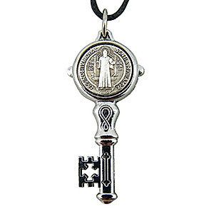 Silver Toned Base Saint St Benedict Jubilee Medal Key Pendant, 1 1/4 Inch