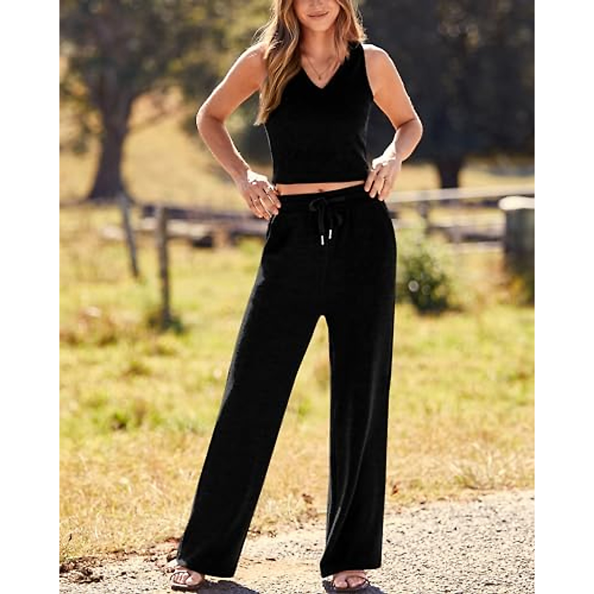 BTFBM Women's Summer 3 Piece Outfits Ribbed Knit Cardigan Cropped Tank Tops Wide Leg Pant Tracksuit Lounge Matching Sets(Solid Black, Medium)
