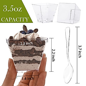 Legredic 50 Pack 3.5 oz Square Dessert Cups with Spoons, Mini Plastic Parfait Appetizer Cups, Clear Reusable Small Shooter Cups, Serving Bowls for Tasting Party Samples Dessert Shot Glasses