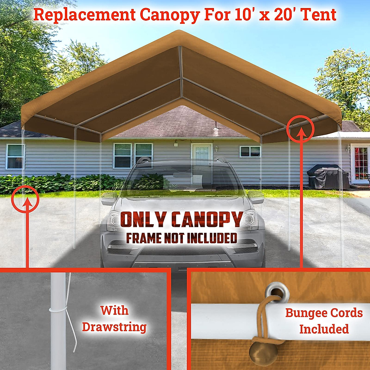 BenefitUSA Upgraded Muliti Color Canopy ONLY 10'x20' Carport Replacement Canopy Outdoor Tent Garage Top Tarp Shelter Cover with Ball Bungees (Tan)