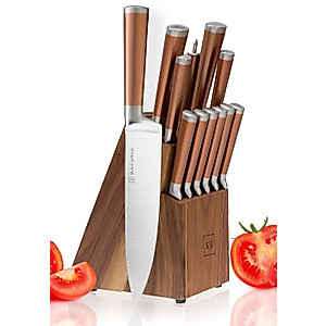 Copper Knife Set with Walnut Knife Block - Premium 13 PC Stainless Steel Knife Sets for Kitchen with Block - Rose Gold Knife Set With Block, Rose Gold Kitchen Accessories & Copper Kitchen Accessories