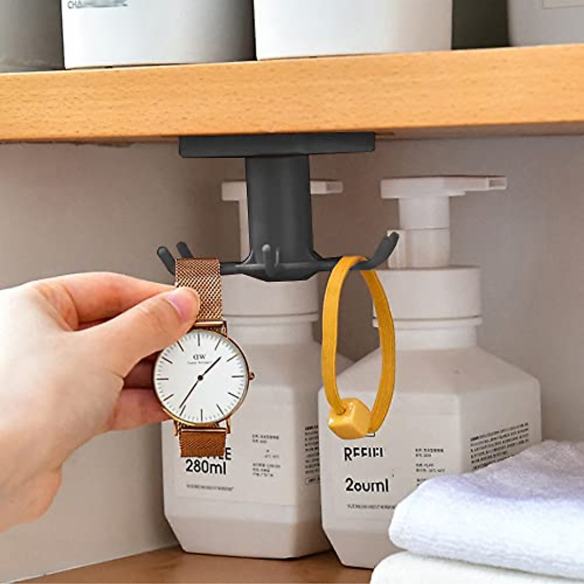 BAIEUEJO 2Pcs 360 °Rotation Utility Hooks, Under Cabinet Kitchen Hooks for Utensils,Nail Free Adhesive Kitchen Utensils Hanging Hooks for Kitchen Utensils/Tools/Towel/Knife(Black)