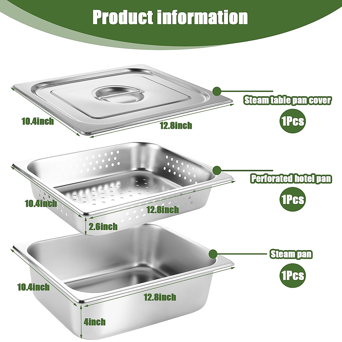 3 Pack Half Size 4 Inch Hotel Pan with Lids 2.6 Inch Perforated Steam Pan Stainless Steel Restaurant Pans for Restaurants, Cafeteria, Kitchen