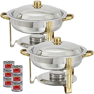 Round Chafing Dish Buffet Set with Fuel Water Pans + Food Pans (4 qt) + Frames + Lids + Fuel Holders + 6 Fuel Cans, 2 Full Warmer