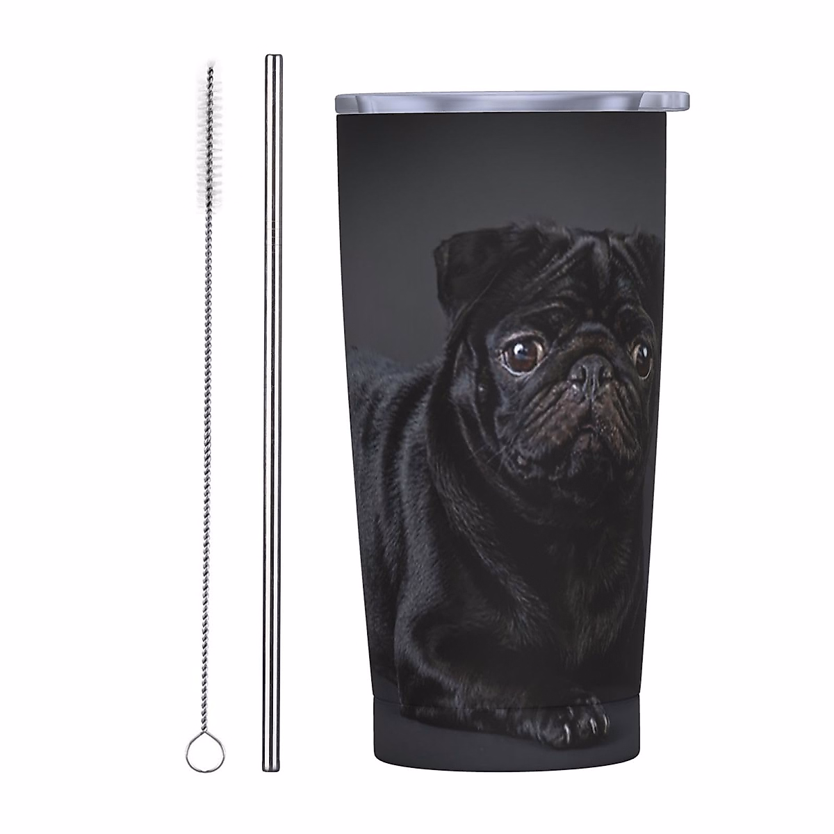 Black pug 20oz Tumbler Stainless Steel Vacuum Insulated Double Wall Travel Tumbler, Durable Insulated Coffee Mug, Thermal Cup With Lid and Straw for Hot & Cold Drinks