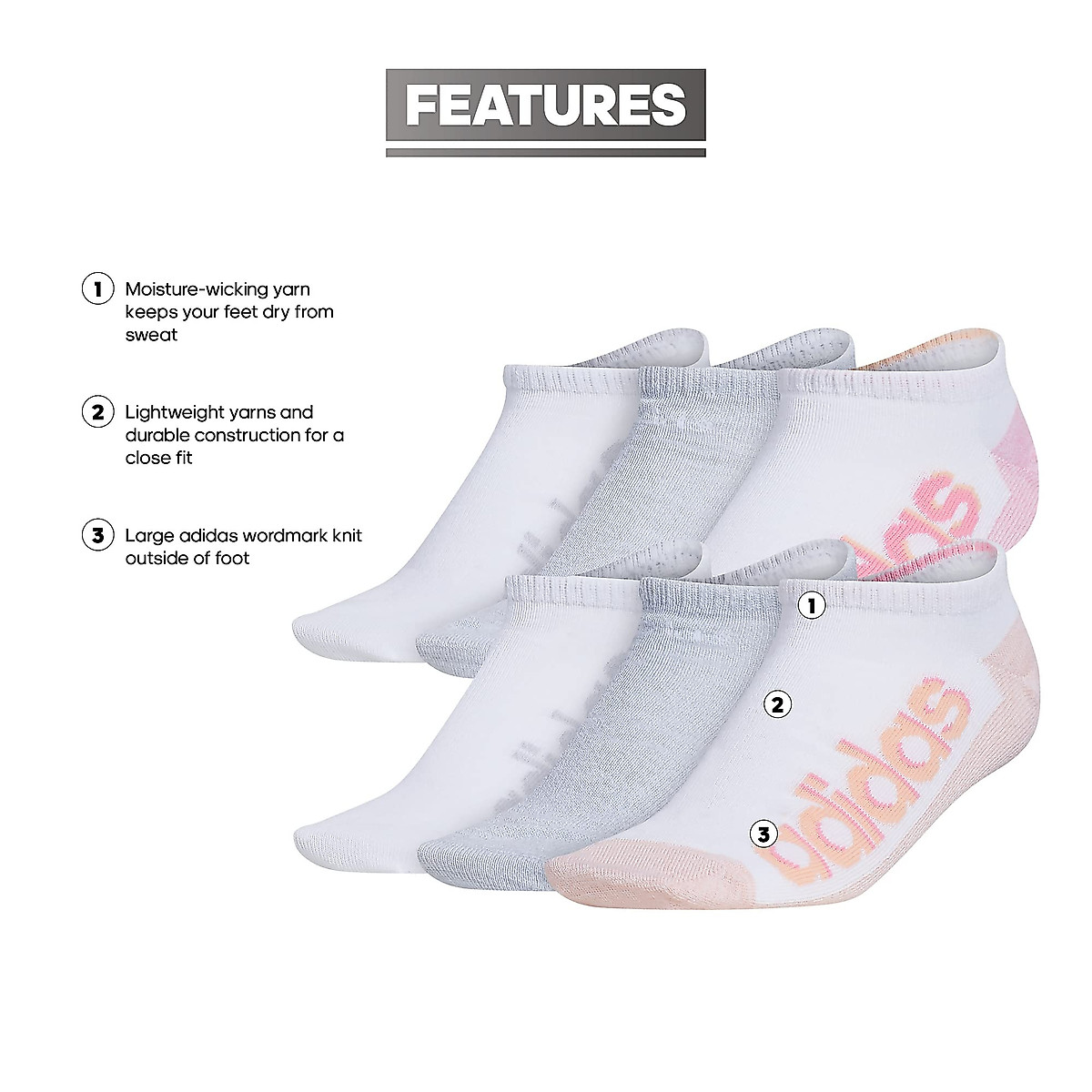 adidas Women's Superlite Linear 3.0 No Show Socks (6-Pair), White/Bliss Pink/Clear Onix Grey, Medium