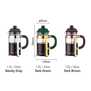 Lilayou French Press Coffee & Tea Maker, 34 Ounce Coffee Press, 304 Stainless Steel Heat Resistant High Boron Glass Easy to Clean (Dark Brown, 34oz)