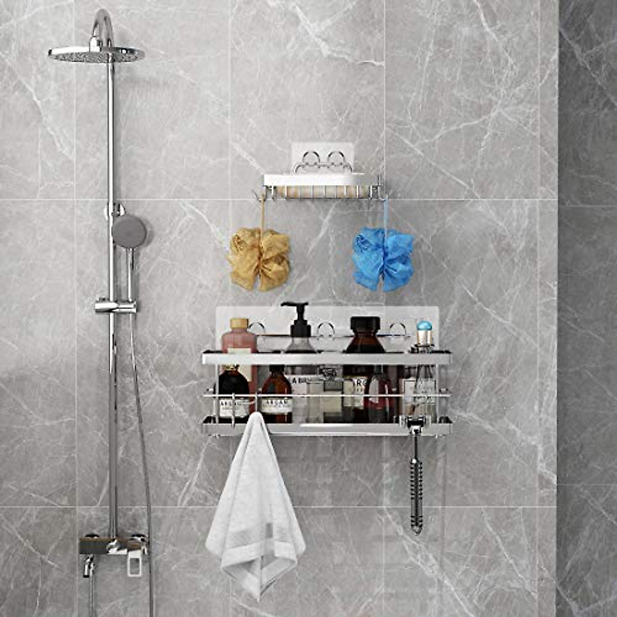 KESOL Shower Caddy + Soap Dish with Hooks for Hanging Sponge and Razor, Shower Organizer Shampoo Holder, No Drilling Adhesive Wall Mounted, Rustproof SUS304 Stainless Steel- 2 Pack