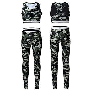 CHICTRY Kids Girls' 2 Piece Athletic Leggings with Tank Crop Tops Outfits sets for Gymnastics Sports Workout Fitness Camouflage Green 10-12 Years